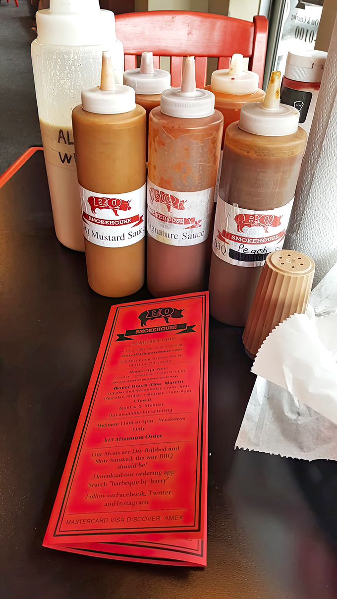 The sauce lineup tells you everything: this is a place that respects regional barbecue traditions while giving you the freedom to customize your meat experience.