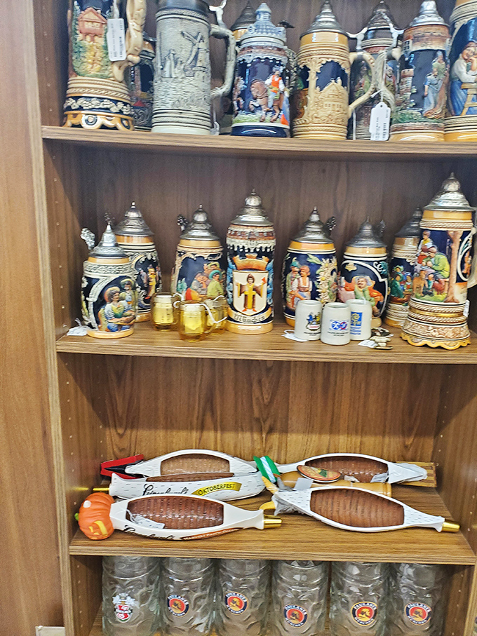 German beer steins that have probably seen more Oktoberfests than you have weekends. Each one holds a liter of history!