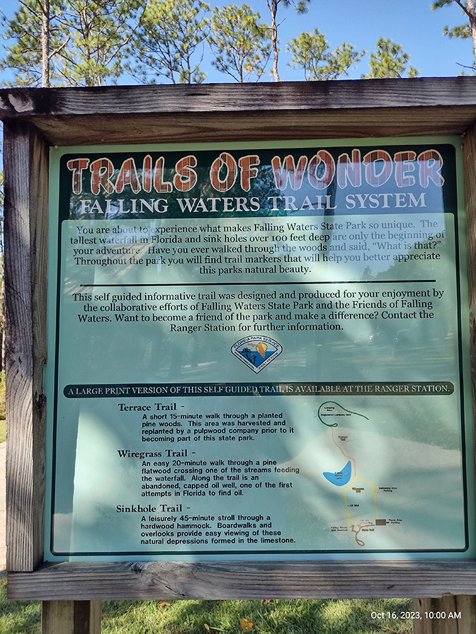 "Trails of Wonder" indeed! This sign promises sinkholes, waterfalls, and that most precious Florida commodity&mdash;genuine natural shade.