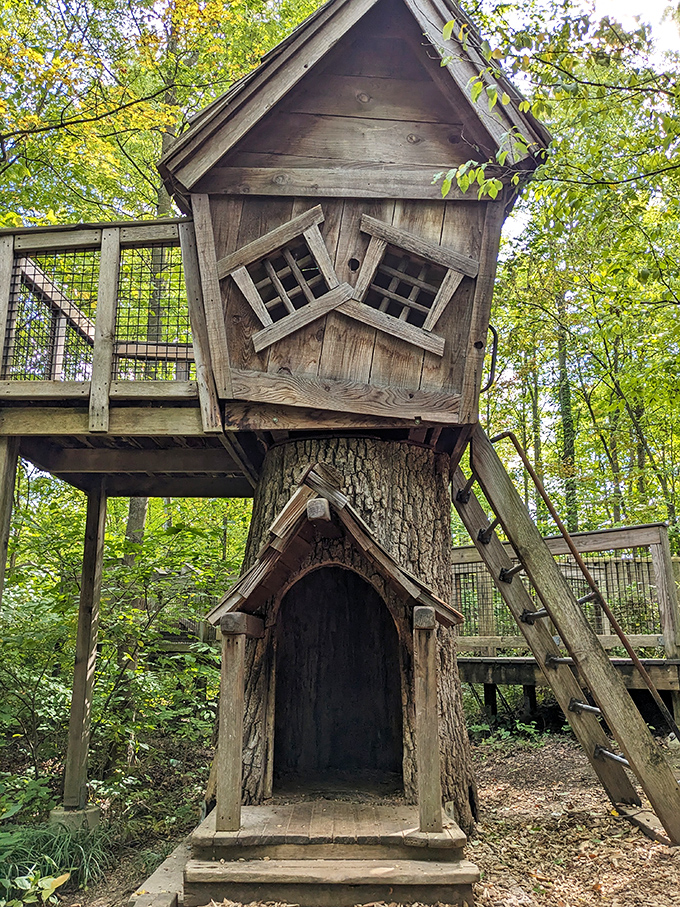 Childhood dreams realized in wooden form. This whimsical treehouse makes you wonder if the garden elves throw parties after closing time.