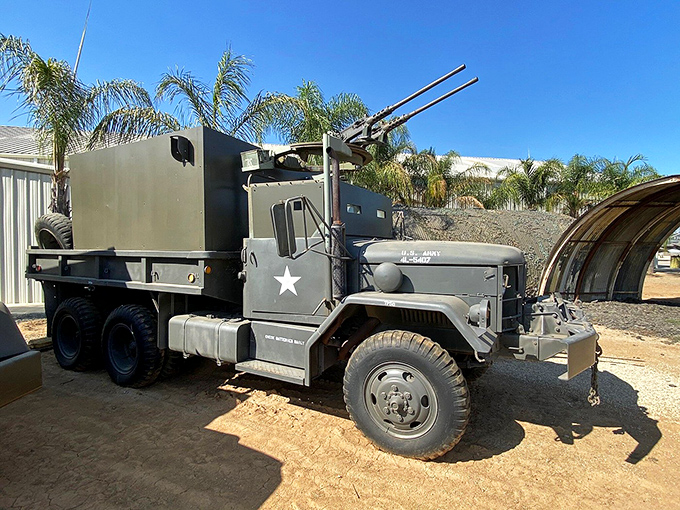 This military transport truck, bristling with anti-aircraft weaponry, reminds us that not all battles for air superiority happened in the sky.
