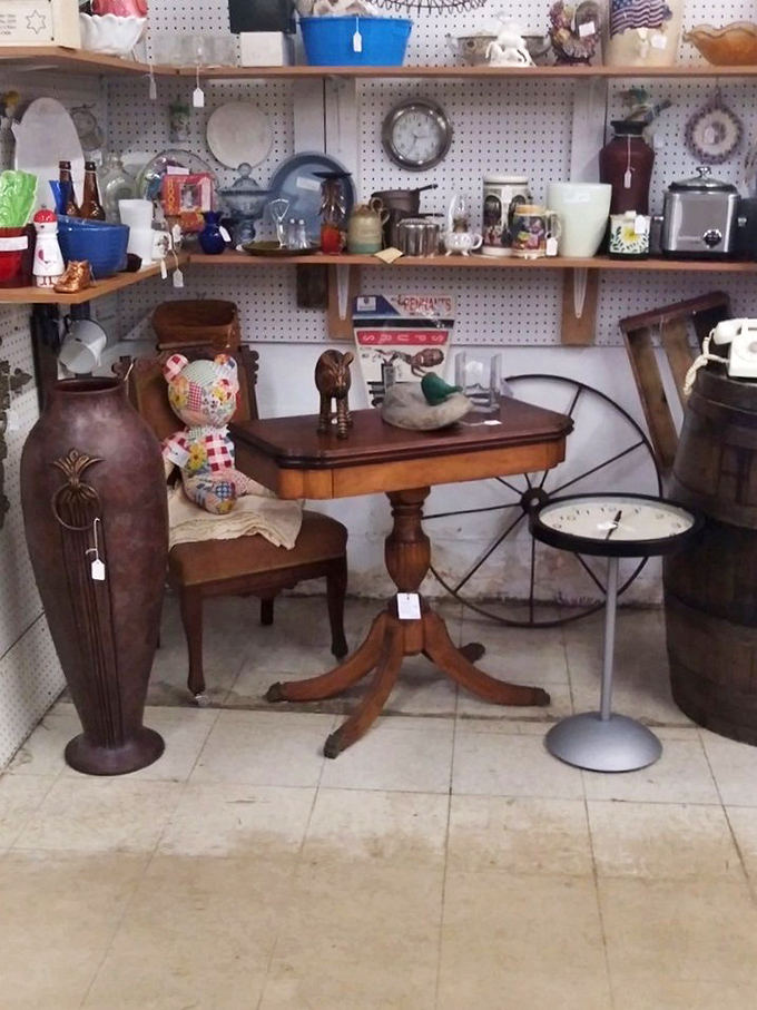The perfect vignette of Americana&mdash;where a stuffed bear, vintage table, and random kitchenware create an accidental still life worthy of a Norman Rockwell painting.