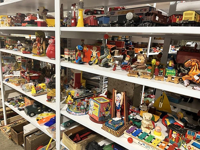 Childhood memories line these shelves. Before batteries and screens, these toys sparked imagination through simple, tactile joy.