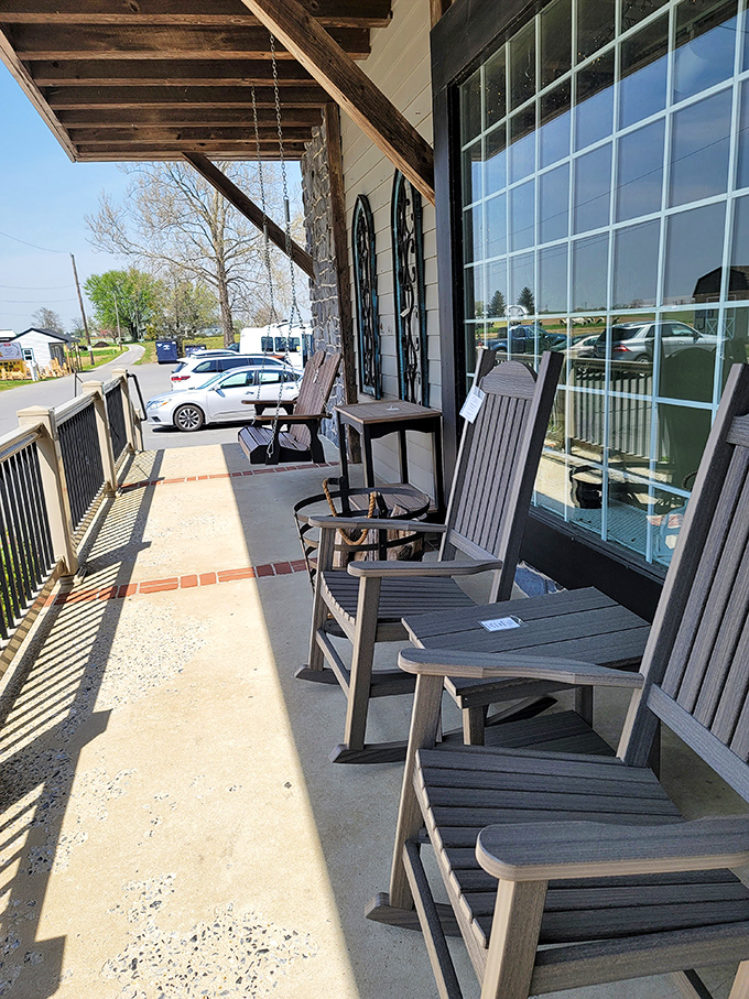 Rocking chairs on the porch invite you to sit a spell, digest your meal, and contemplate a second slice of pie.