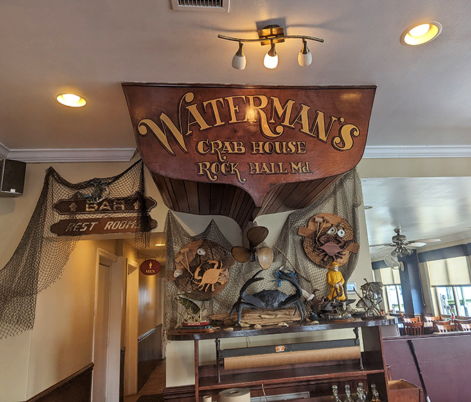 Maritime memorabilia adorns the walls, creating an authentic crab house atmosphere that feels genuinely earned, not manufactured.