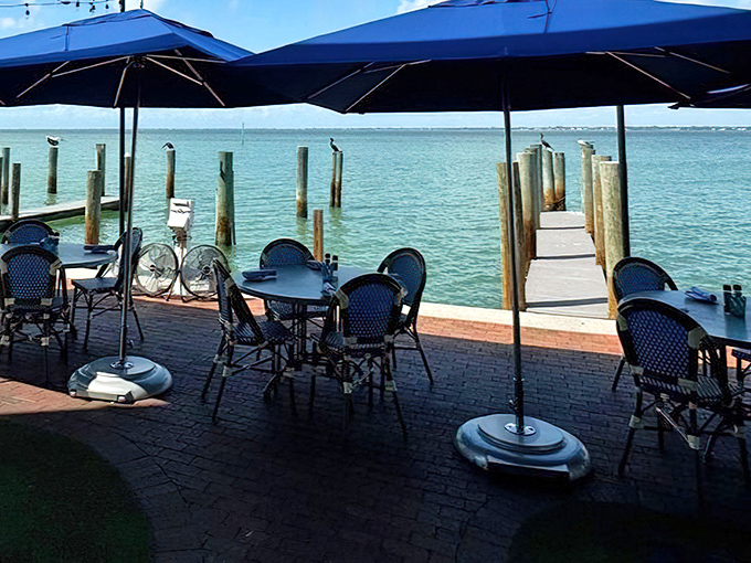 Waterfront dining that's not just a view but a full sensory experience&mdash;pelicans might judge your food choices from those wooden posts.