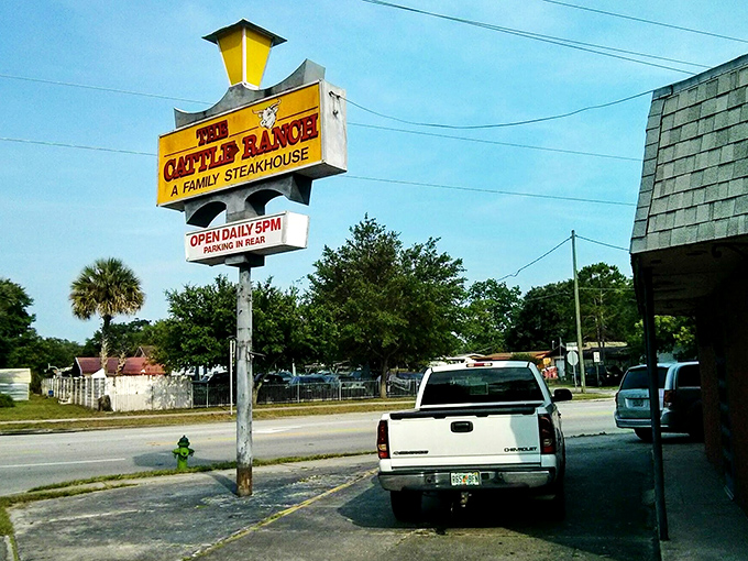 That vintage yellow sign has been guiding hungry travelers to Cattle Ranch for decades. Some landmarks feed both nostalgia and appetites.