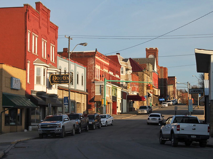 Morning light illuminates DuBois' historic red brick buildings, where retirees find both beauty and budget-friendly living options.
