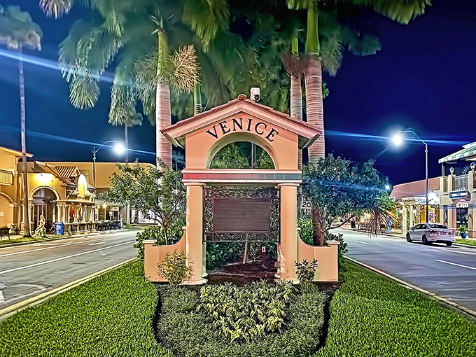 Venice's welcoming sign promises the charm of Italy with the comfort of Florida's Gulf Coast.