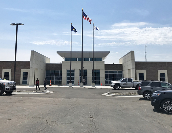 Clean lines and accessible design make Allen Park's civic center both attractive and practical for seniors seeking affordable living.
