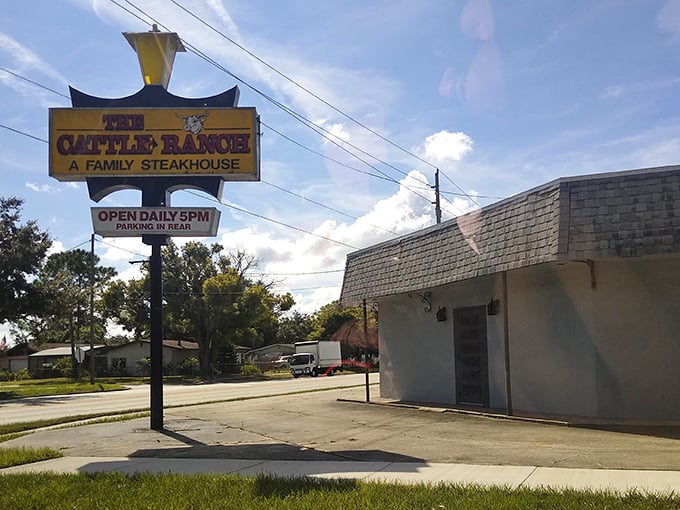 No frills, just thrills for your taste buds. Cattle Ranch's sign is like a bat signal for those craving honest, straightforward steaks.