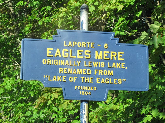 This historic sign tells the story of Eagles Mere Lake, once called Lewis Lake, in the brief, matter-of-fact style of our ancestors.