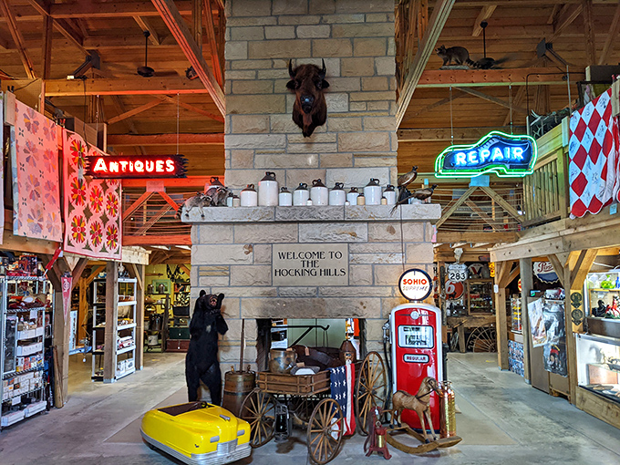 Stone fireplace and mounted trophies create the perfect backdrop for this uniquely Ohio shopping experience in scenic Hocking Hills.