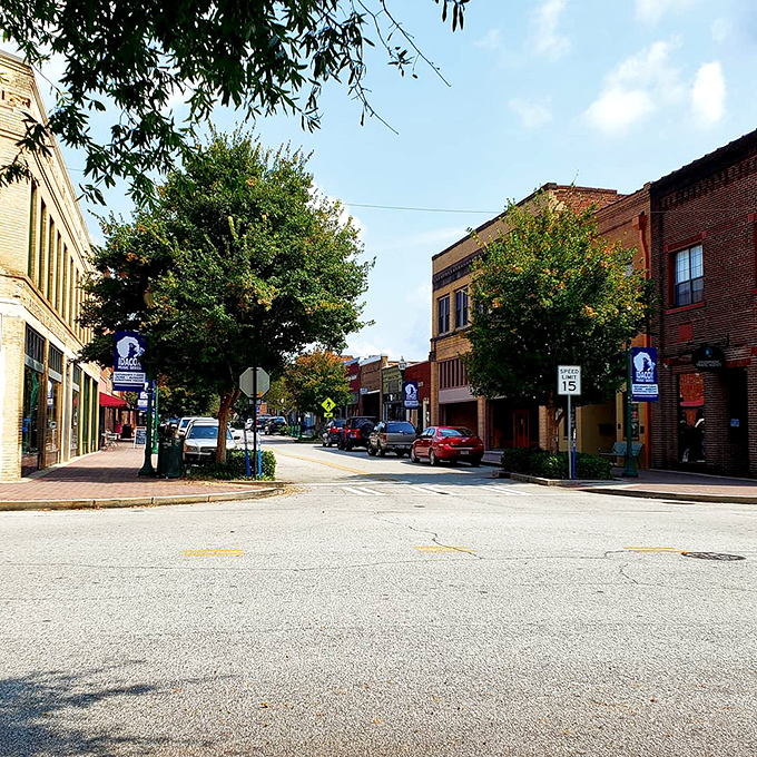 Downtown Toccoa spreads out beneath summer skies – where parking spaces promise adventures in small-town Southern charm.