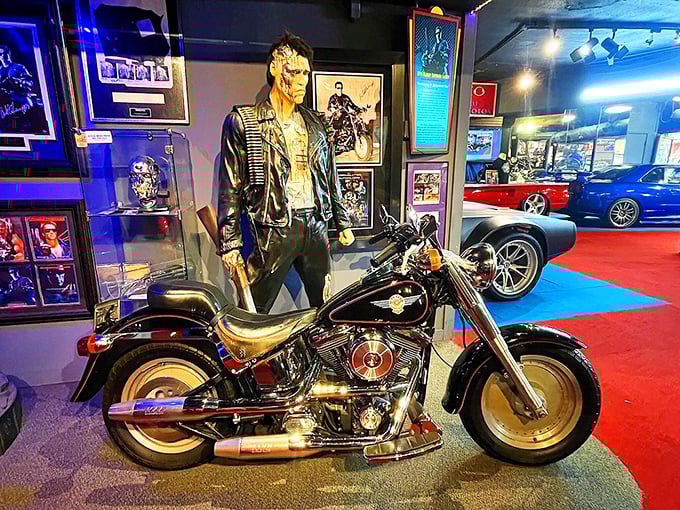 The Terminator's menacing motorcycle stands ready for action, its black leather and chrome a perfect match for the cybernetic assassin's aesthetic of mechanical intimidation.