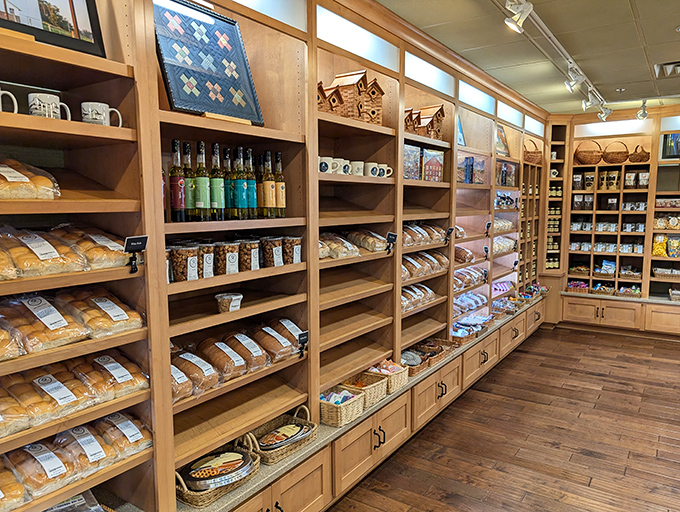 A country store within the restaurant offers take-home treasures. These shelves hold the secret ingredients to extending your Amish country experience beyond your visit.