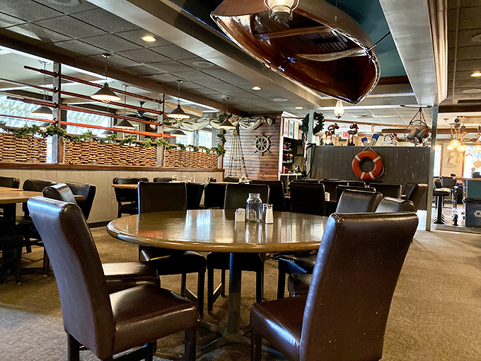 Wooden boats above, wooden tables below&mdash;dining under the watchful eye of maritime history. Atmosphere you can't manufacture.