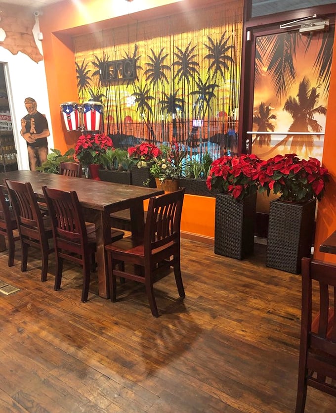 Beaded curtains, palm tree silhouettes, and poinsettias create an island escape that feels worlds away from the Pocono Mountains outside.