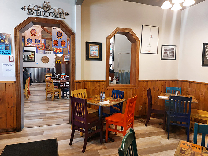 Wooden archways frame dining rooms where colorful chairs invite you to sit and stay awhile—possibly longer than you intended.
