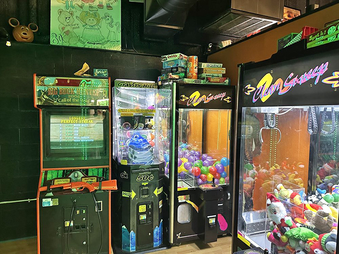 Even the arcade area screams nostalgic charm. Nothing builds an appetite like trying to grab that stuffed animal that's clearly glued down.