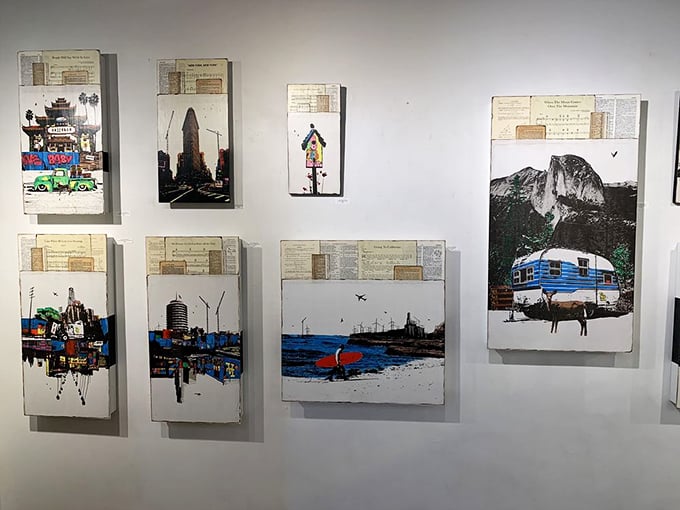 Local artists find their canvas on these walls, turning book pages into backdrops for California dreamscapes and urban visions.