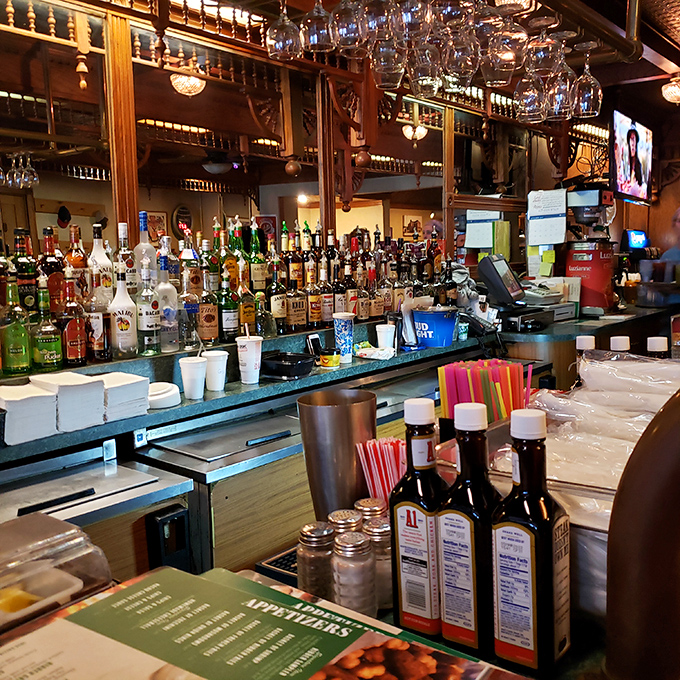 The bar isn't trying to be trendy&mdash;it's aiming for timeless. Where glasses hang like crystal stalactites, promising libations to complement those legendary steaks.