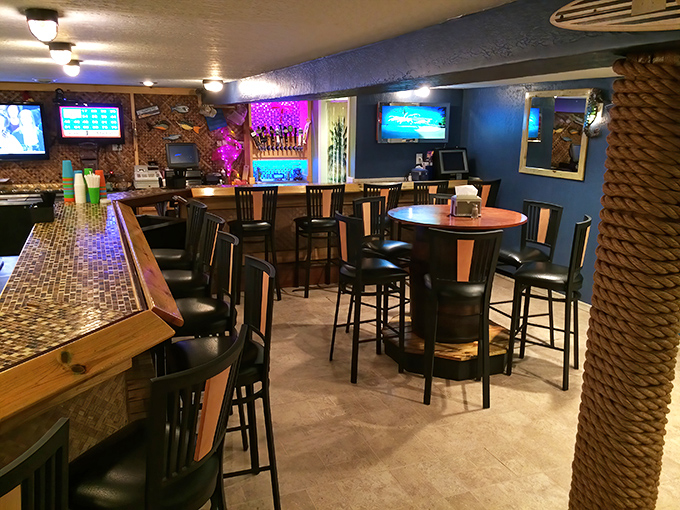 High-top tables and comfortable bar seating create the perfect perch for watching the game while sampling the Deck's liquid offerings.