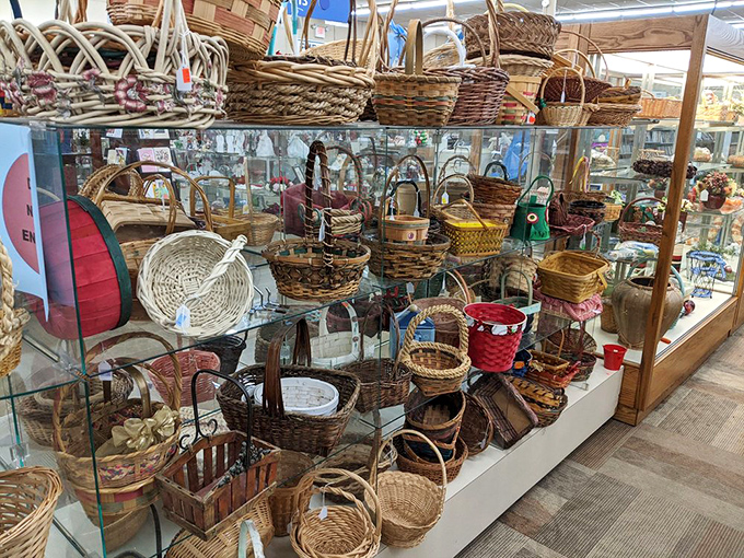 Basket bonanza behind glass! From picnic-ready to purely decorative, this woven collection offers organizational solutions with a touch of cottagecore charm.