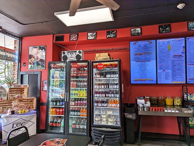 The drink selection wall&mdash;colorful, cold, and comprehensive. The perfect liquid sidekicks for your sandwich adventure.