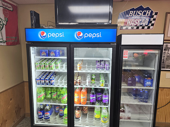 The drink cooler stands ready like a refreshment oasis—because combating pizza-induced thirst is serious business in Columbus.