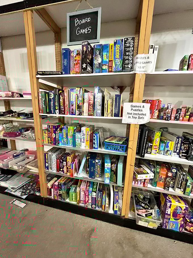 Board game paradise! These shelves hold countless family game nights waiting to happen. That dusty Monopoly box might contain the seeds of your children's future real estate empire.
