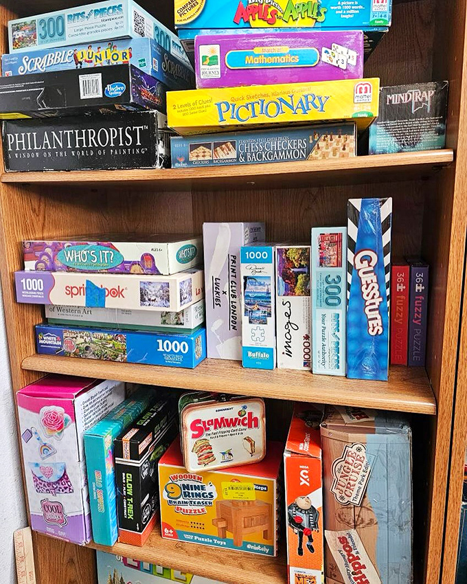 Board game heaven for rainy days and family nights, where vintage Pictionary boxes hold memories waiting to be made again.
