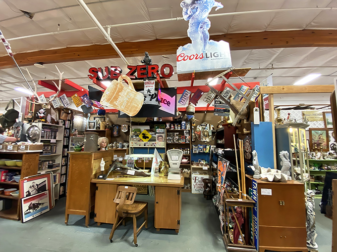 This booth is a maximalist's dream&mdash;where vintage lamps, glassware, and furniture create a three-dimensional collage of American design history.