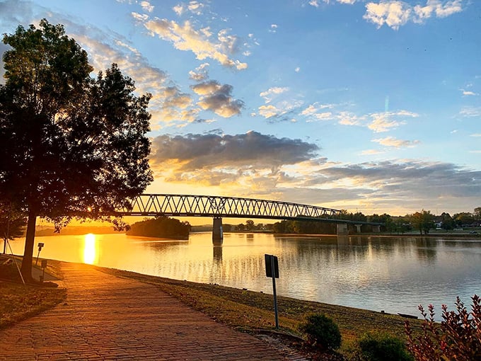 Sunrise transforms the Ohio River bridge into a silhouette against golden skies&mdash;a daily light show that never requires tickets.