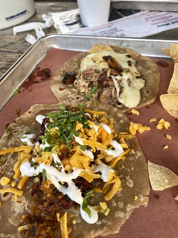 Breakfast tacos that prove everything's better with brisket, turning morning meals into afternoon food coma territory.