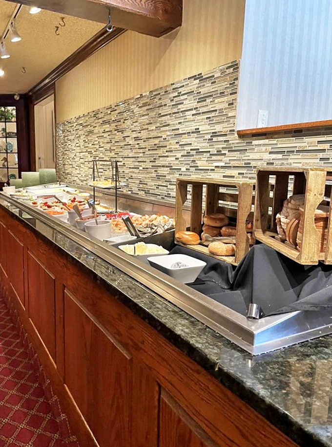 The brunch spread features bagels displayed like the treasures they are—carbs have never looked so noble or necessary.