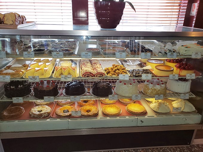 A dessert display that should come with a warning label. Scientific proof that calories consumed while standing don't count.