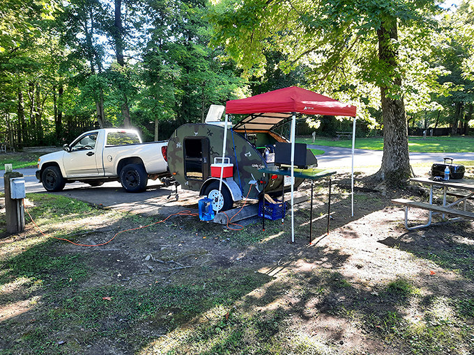 Camping innovation at its finest! This setup proves you don't need five stars to have a five-star experience under Pymatuning's canopy.