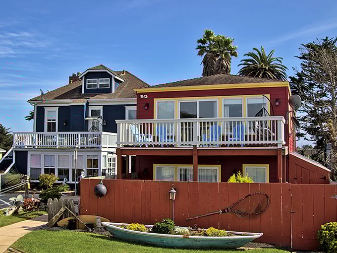 Coastal living in technicolor. These harborside homes blend nautical whimsy with practical charm&mdash;complete with the requisite fishing net fence decoration.