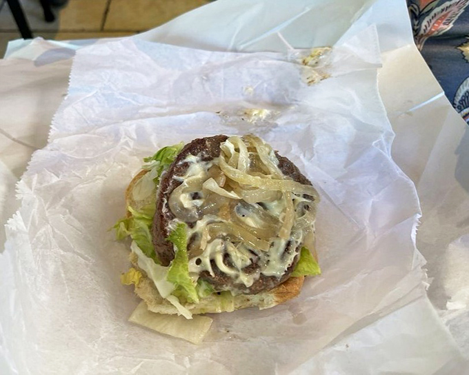 A burger that doesn't play second fiddle to the cheesesteaks. Those caramelized onions and melty cheese make a compelling argument for beef patty supremacy.