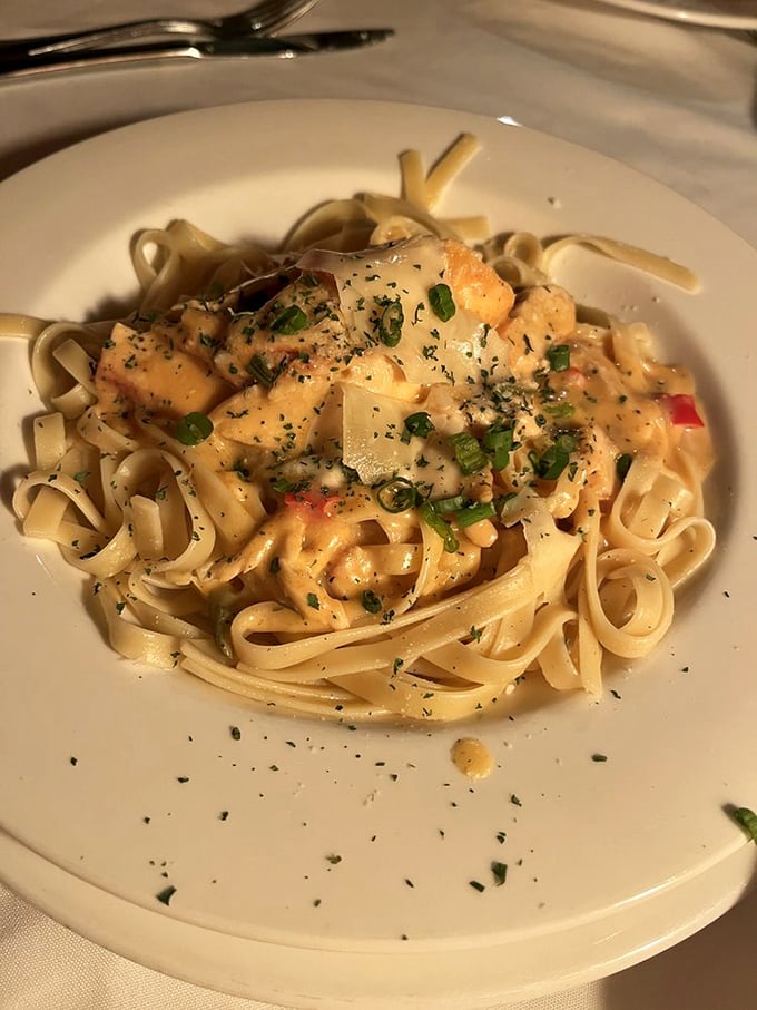 Fettuccine Alfredo with plump shrimp and a sauce so creamy it should come with its own warning label: "May induce immediate food coma."