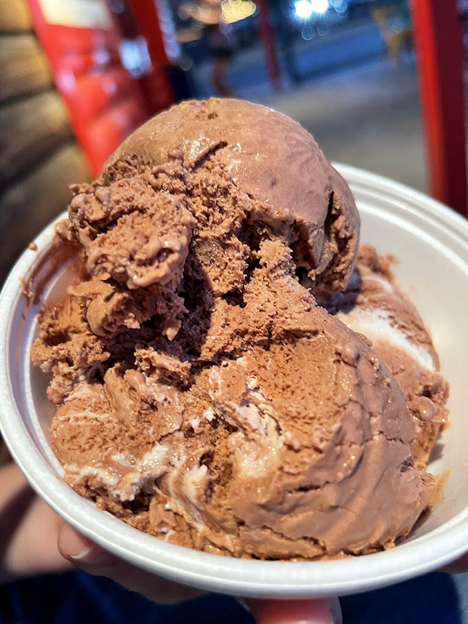 Chocolate ice cream so rich it should come with its own tax bracket. The kind that makes you close your eyes with each spoonful.