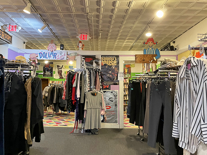 Fashion from every decade hangs together like a textile time machine on hangers.