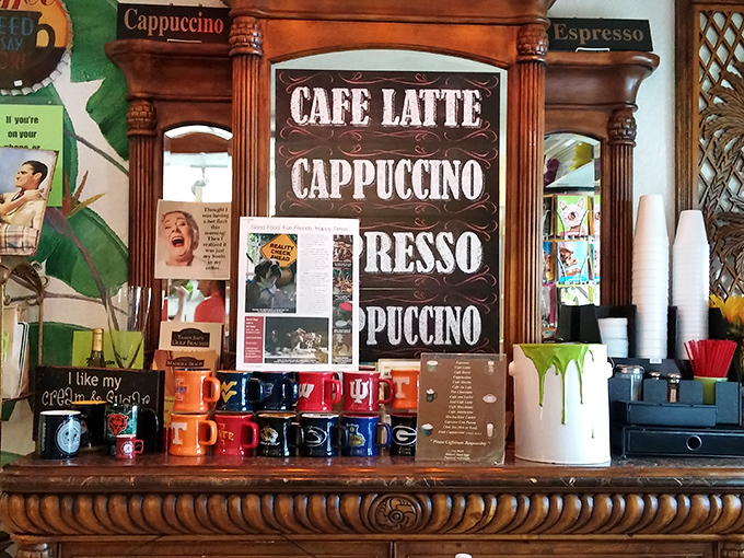 Coffee station that understands morning communication: clear signage, colorful mugs, and caffeine delivered without unnecessary conversation.