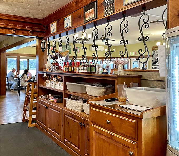 Behind-the-scenes magic where condiments wait patiently to elevate your meal. That wooden craftsmanship isn't just functional&mdash;it's pure Indiana heritage.