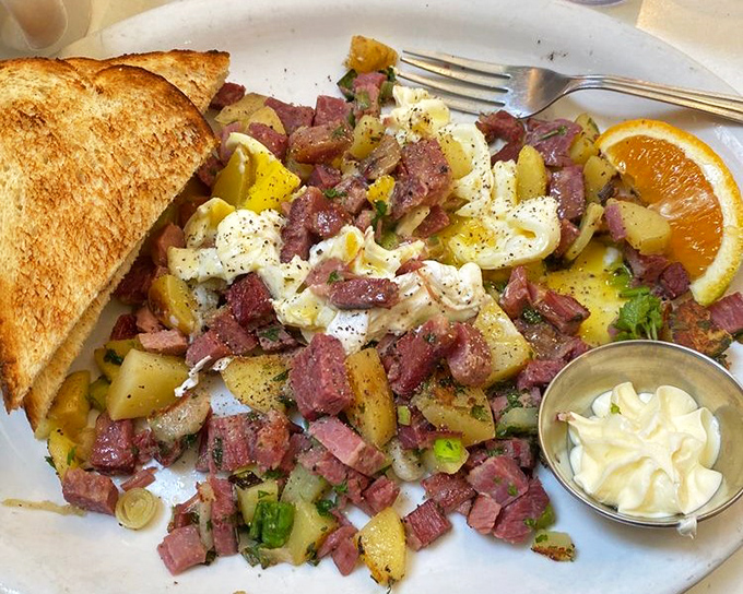 Corned beef hash that doesn't hide from the camera&mdash;it poses proudly with its eggy companions and toasty sidekicks, ready for its breakfast close-up.