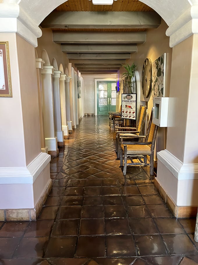 The corridor's Spanish colonial architecture makes you feel like you're walking through a hacienda, not just a restaurant off Interstate 5.