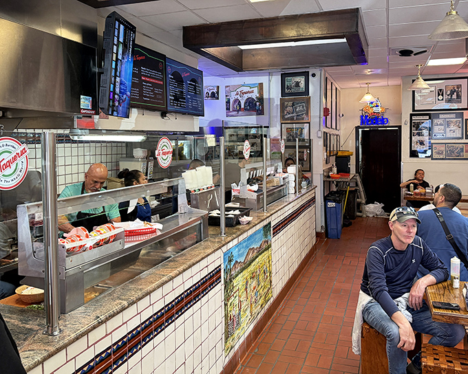 The ordering counter&mdash;where dreams are made and hunger pangs go to die. Notice the well-worn path to burrito nirvana.