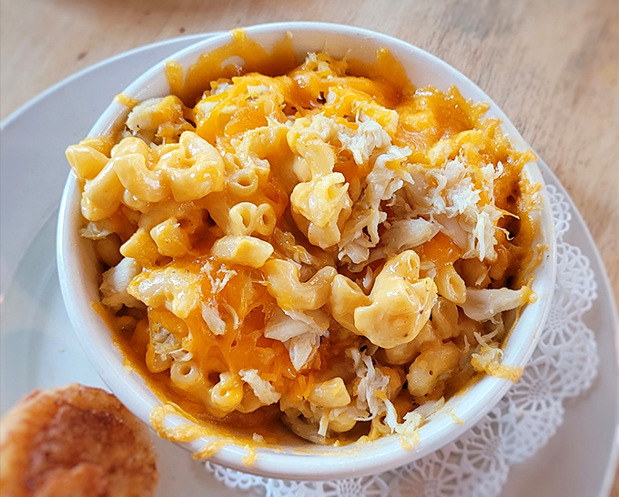 Crab mac and cheese—where comfort food gets dressed up for a night on the Chesapeake. Childhood memories meet grown-up indulgence.