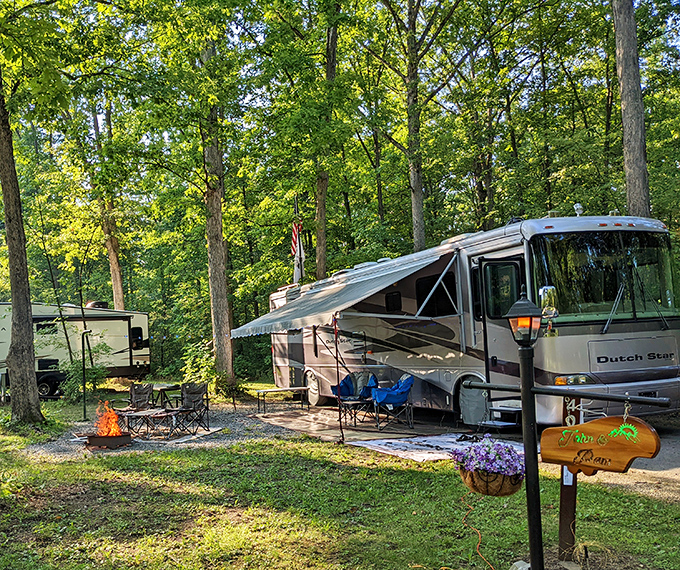 Home sweet temporary home! This woodland campsite proves luxury isn't about thread counts—it's about starlit skies and morning coffee by the campfire.